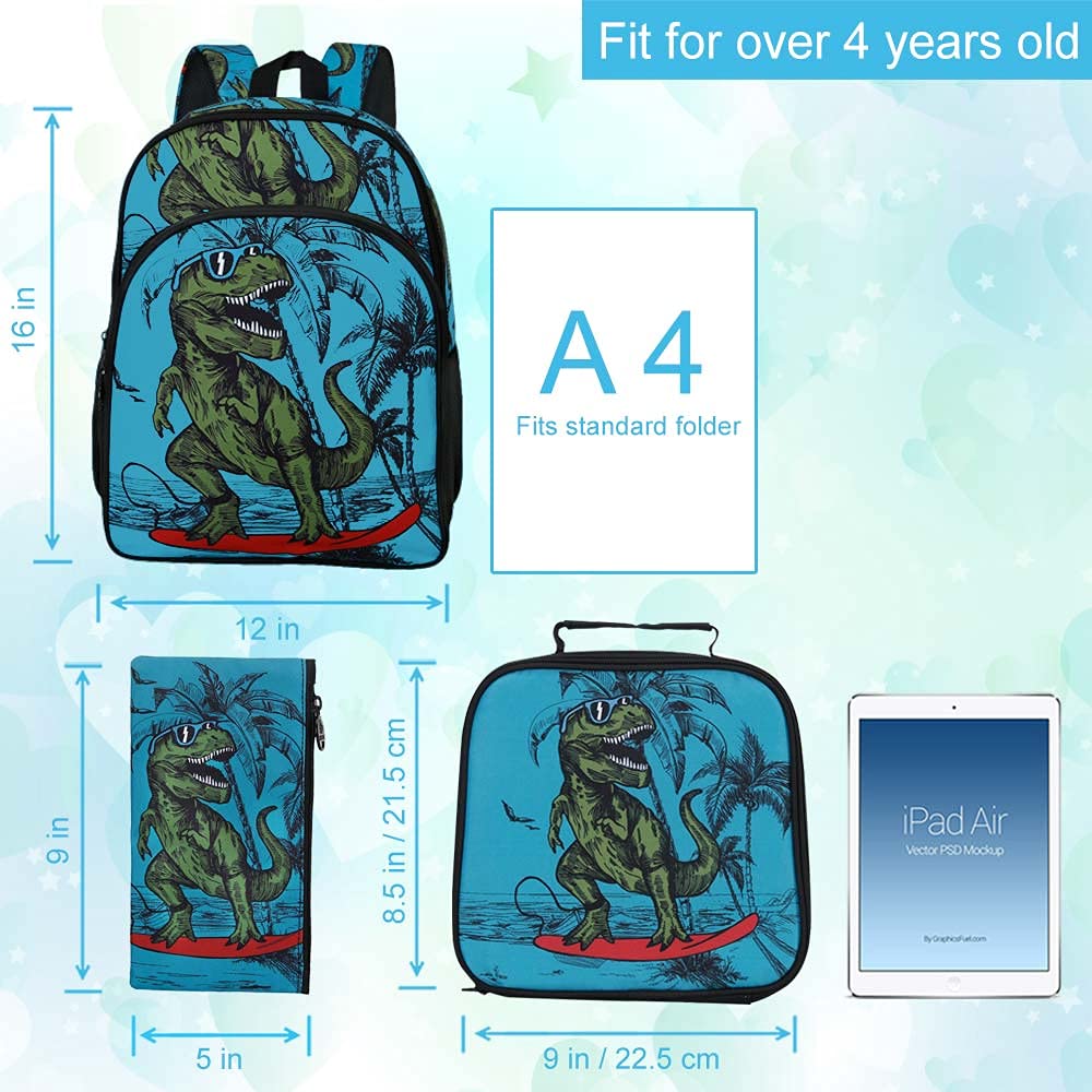 gxtvo 3PCS Preschool Backpack Boys, 16" Kids Dinosaur Elementary Dino Bookbag and Lunch Box