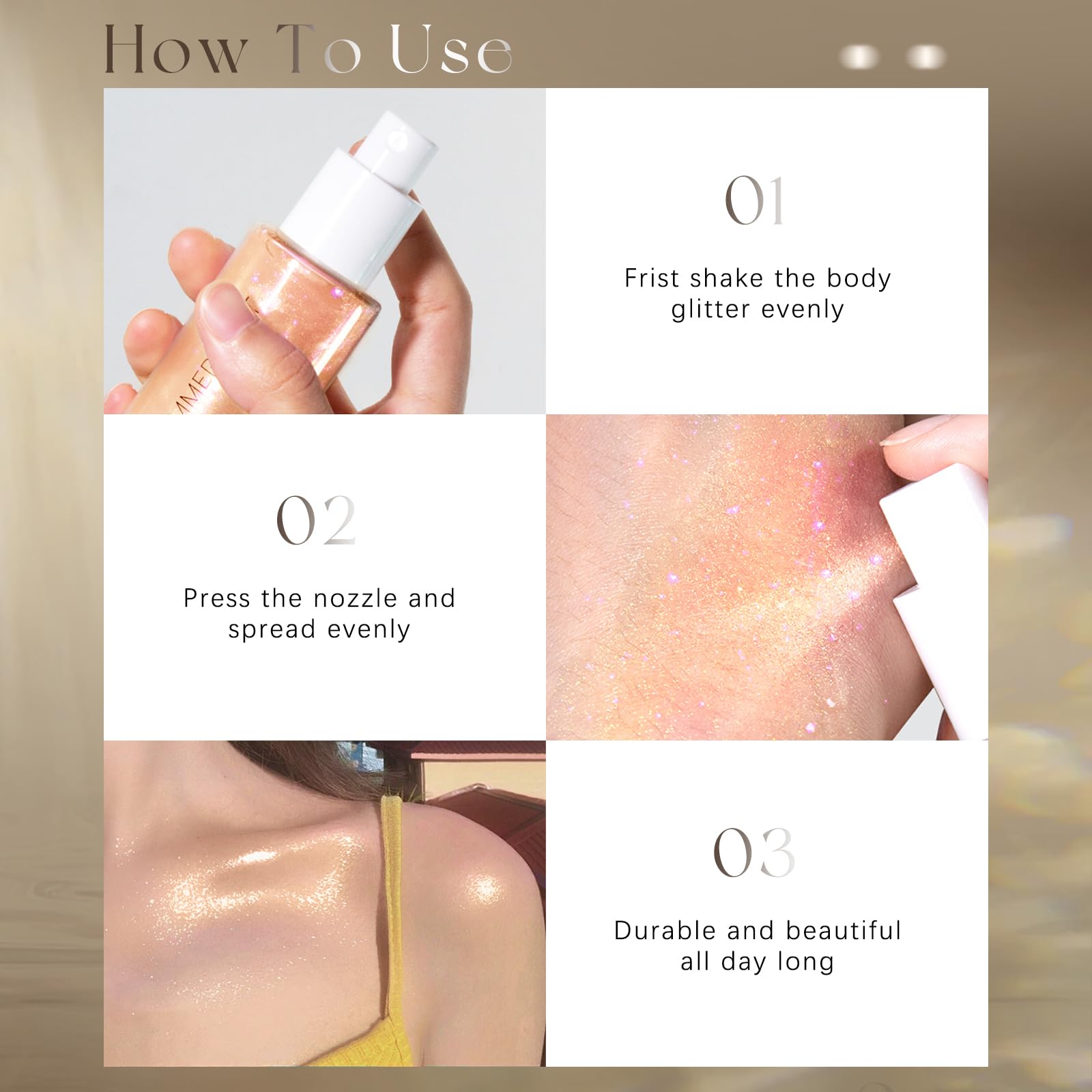 HOSAILY Body Glitter Spray, Moisturizing Bronze Body Shimmer Luminizer Glow Illuminator Quick-Drying and Non-Sticky Glitter Spray Liquid Highlighter Spray for Face Hair Body Glitter, 60ML -Rose Gold