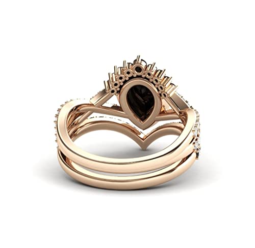 Moldavite Engagement Ring, Antique Moldavite Wedding Ring, Pear Shape Moldavite Bridal Ring Set, Unique Promise Anniversary Ring Set For Her (white gold, 7)