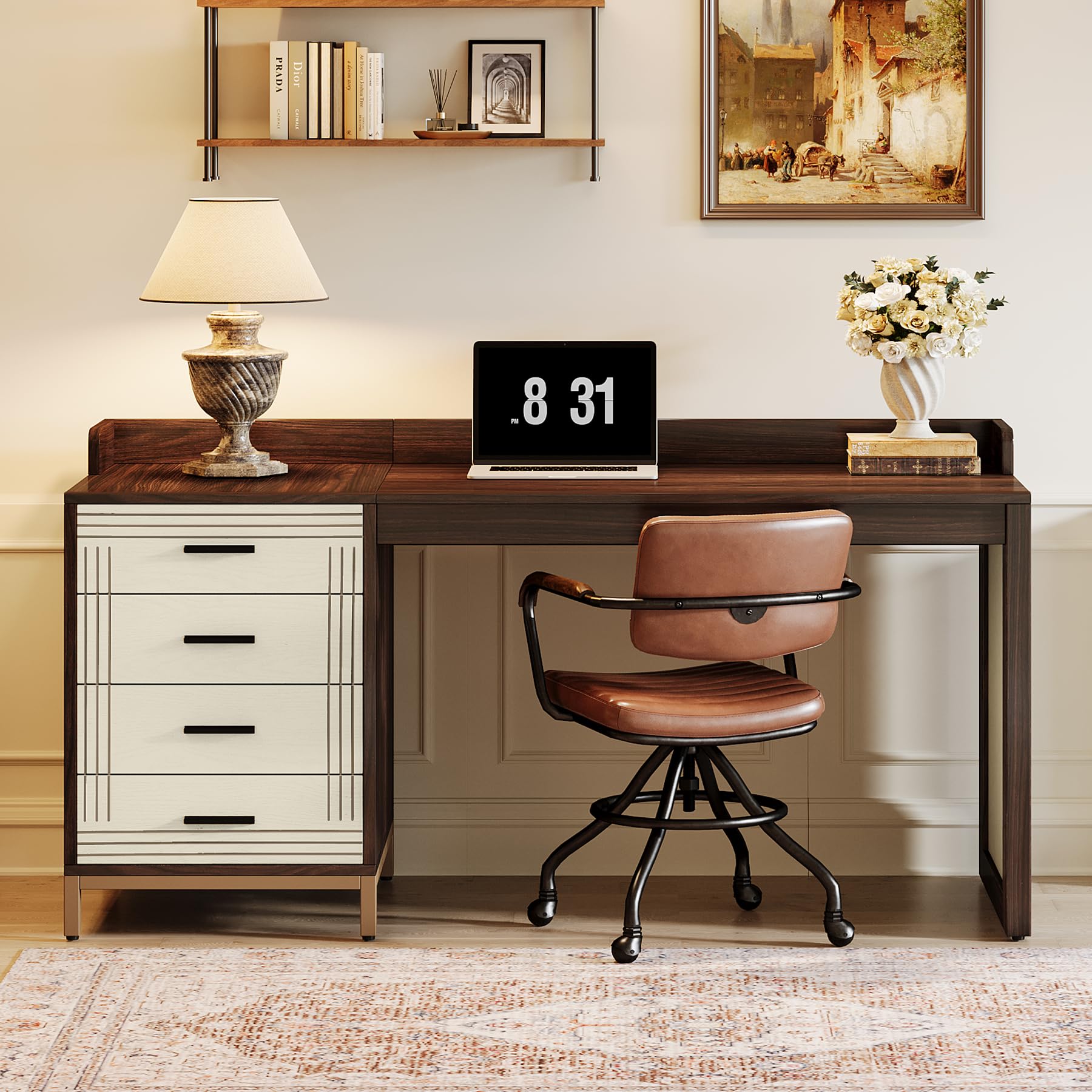 Tribesigns 61-Inch Computer Desk with 4 Drawers, Mid-Century Modern Office Desk with Storage, Wood Study Writing Table for Home Office, Study Room, Bedroom, Brown & Beige