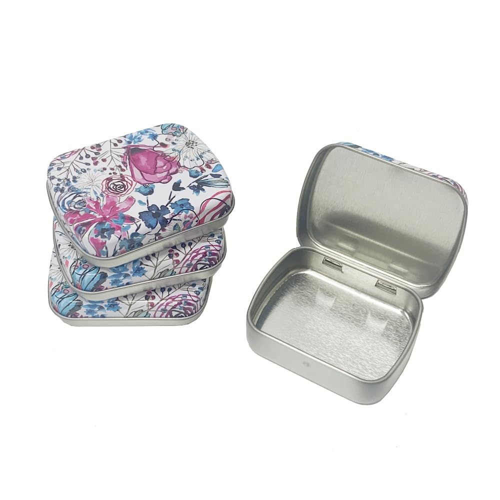OVELCH 4pcs Small Metal Portable Storage Box, Mini Rectangle Empty Hinged Tins with Lid, Home Organizer for Drawing Pin, Pills, Candies, Earring and Jewelry Craft 2.36 x 1.85 x 0.59 inch