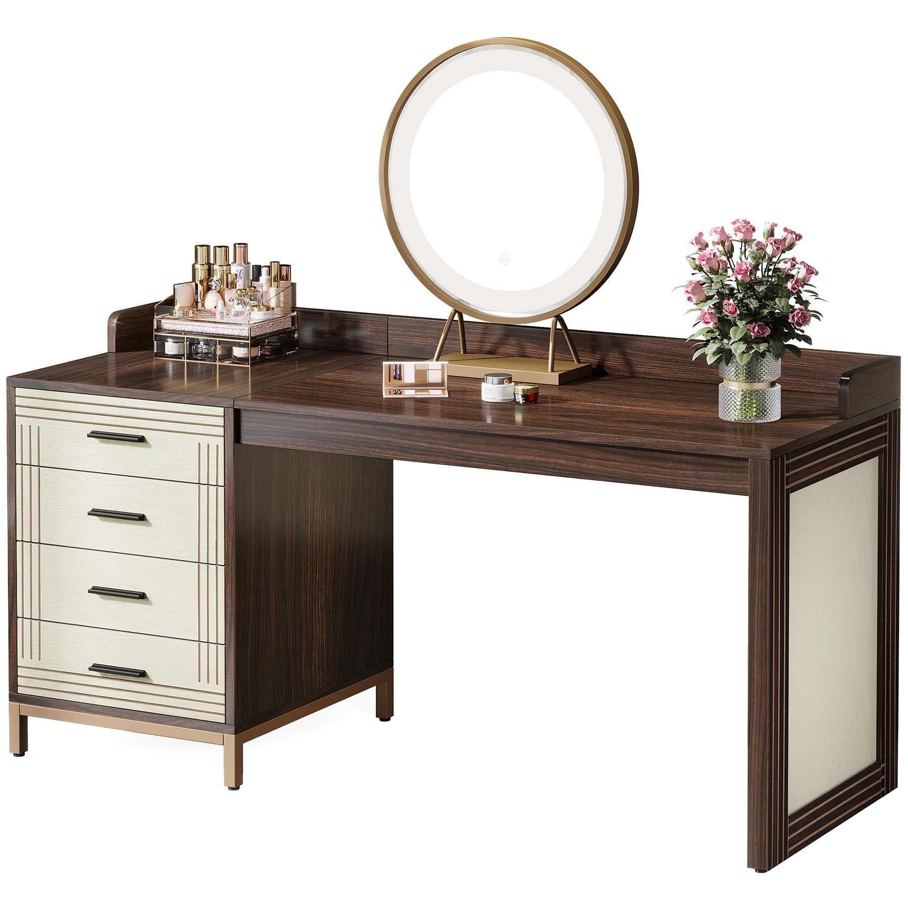 Tribesigns 61-Inch Vanity Desk with 4 Drawers, Mid-Century Modern Makeup Vanity Table, Wood Dressing Table for Bedroom, Brown & Beige (Table Only)