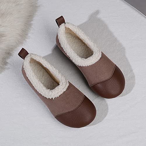 Ladies Fashion Solid Color Suede Leather Panel Warm Plush Flat Sole Casual Shoes Men Shoes Casual Sandals Brown