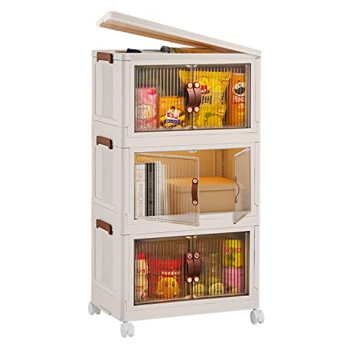 Kroshine Folding Storage Bins with Lids, 65-Quart Plastic Storage Bins for Closet Organizers, Stackable Storage Bins with Door, Collapsible Storage Bins with Wheels