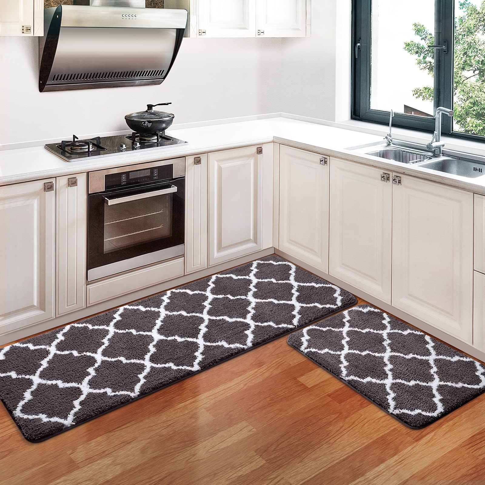 KMAT Kitchen Rugs and Mats [2 PCS] Super Absorbent Microfiber Kitchen Mat Non Slip Machine Washable Runner Carpets (Chocolate-17.3" x28+17.3"x47")