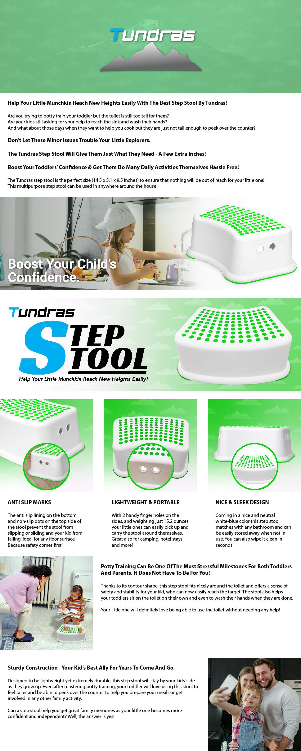Kids Green Step Stool - Great for Potty Training, Bathroom, Bedroom, Toy Room, Kitchen, and Living Room. Perfect for Your House