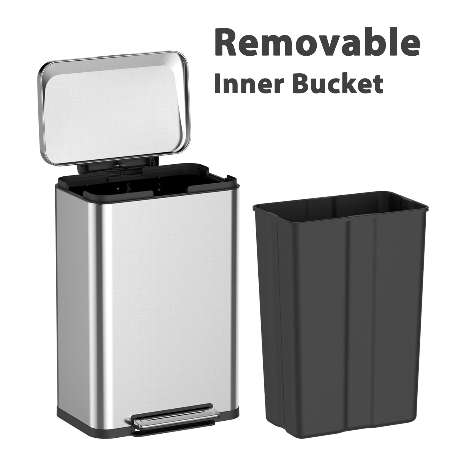WELYFE Trash Can Set 13.2 Gallon and 2.1 Gallon, Rectangular Kitchen Waste Bins with Soft-Close Lid, Step-on Pedal, Stainless Steel, 50 Liter and 8 Liter