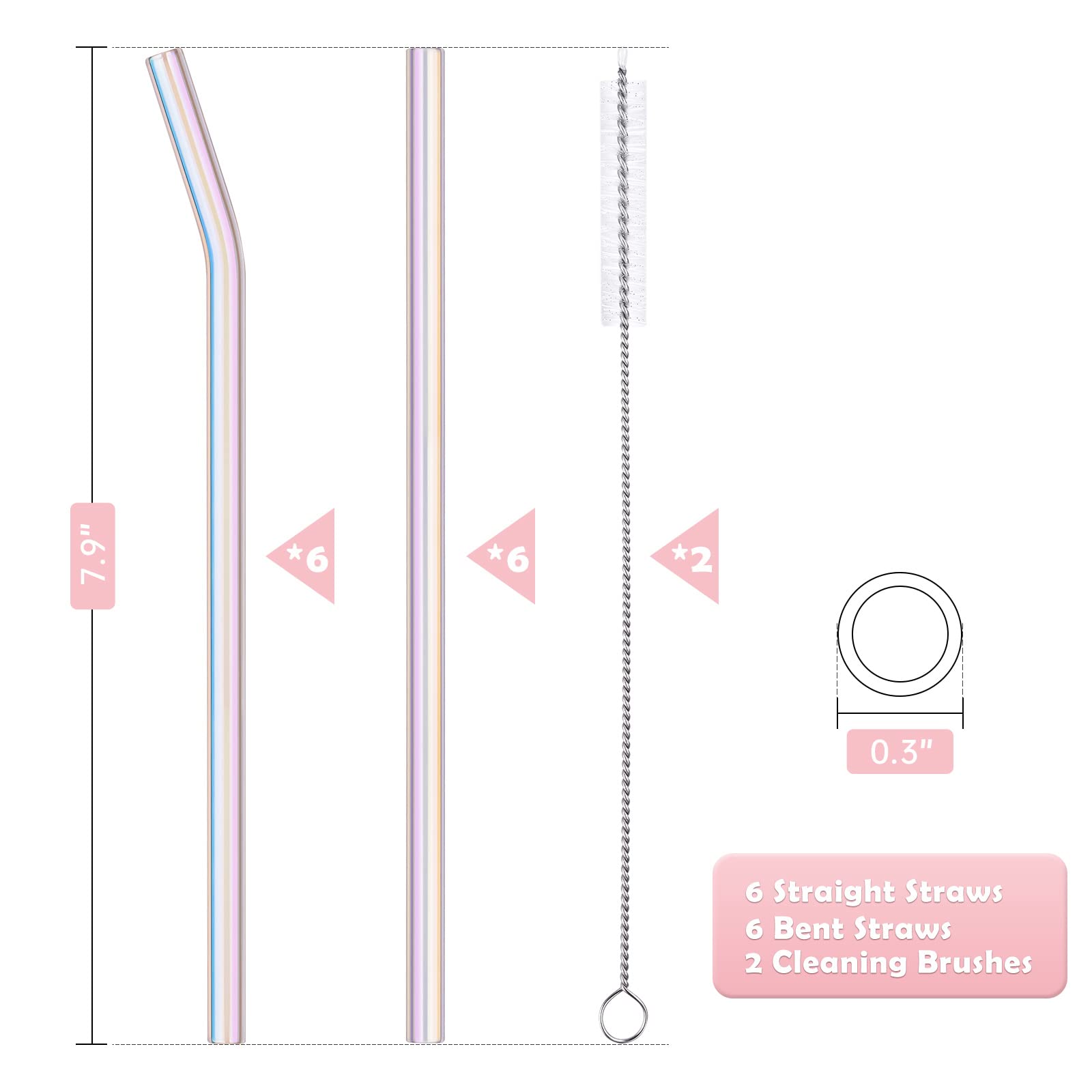 NiHome Reusable Glass Drinking Straws Clear 12-Pack, 8"x0.3" Set of 6 Straight and 6 Bent with 2 Cleaning Brushes for Milkshakes, Frozen Drinks, Smoothies, Eco-Friendly Dishwasher Safe