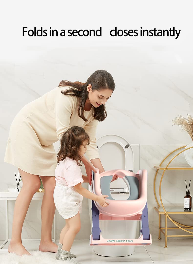 Pink Foldable Toilet Training Potty Seat Ladder Chair, Potty Training Toilet Seat with Step Stool Ladder and Handles Safe Non-Slip Step PU Cushion