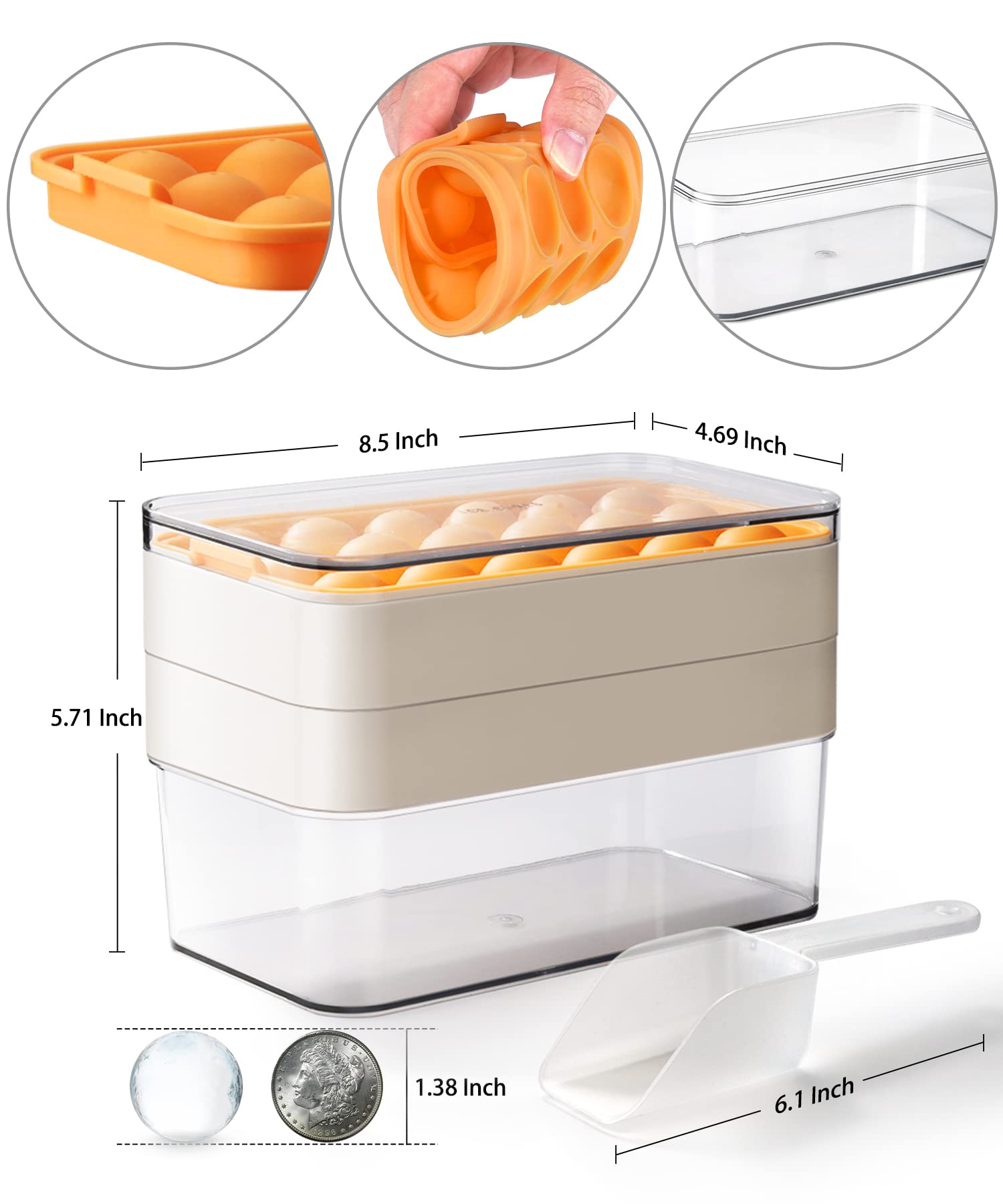 longzon Round Ice cube Trays for Freezer,Easy-Release Silicone,Circle Ice cube tray Making Sphere Ice with Removable Lid,BPA Free,for Cocktail,Whiskey Tea Coffee 2 Trays 1 ice Bucket & Scoop [2 pack]