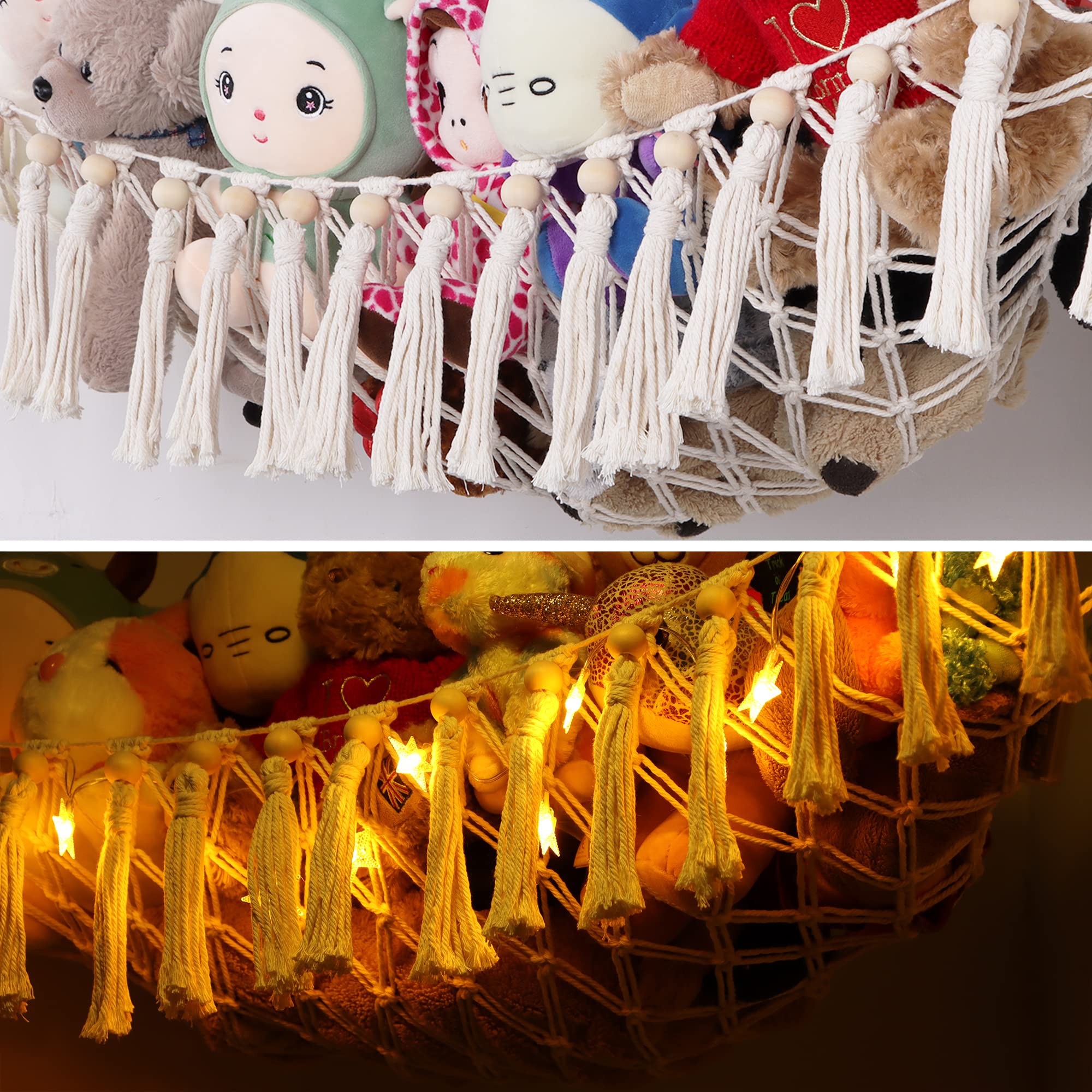 Moosky Stuffed Animal Net or Hammock with LED Light Toy Organizer Macrame Toy Hammock Stuff Animal Storage Corner Hanging Net Holder with Tassel & Hooks Boho Decor for Nursery Kids Room (Beige)