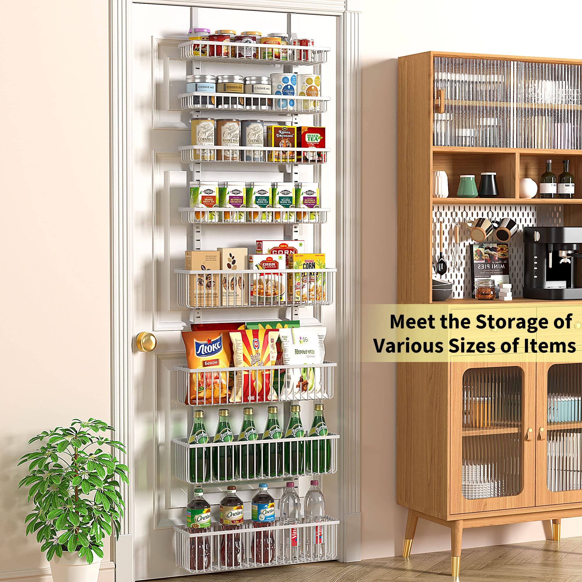 Moforoco Over The Door Pantry Organizer, Pantry Door Organizer Shelves, Kitchen Organizers and Storage, Hanging Basket Wall Spice Rack Seasoning Shelves, Laundry Room Bathroom accessories(White