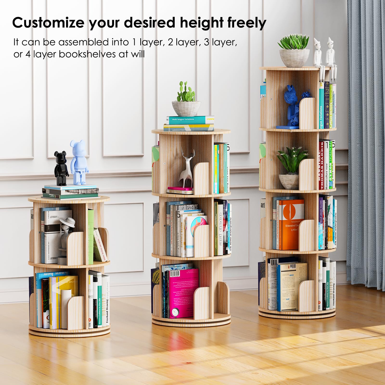 Moozerka Rotating Bookshelf, 4 Tier 360 Display Solid Wood Spinning Bookcase Storage Rack, Floor Standing Revolving Book Shelf Organizer for Adults&Kids