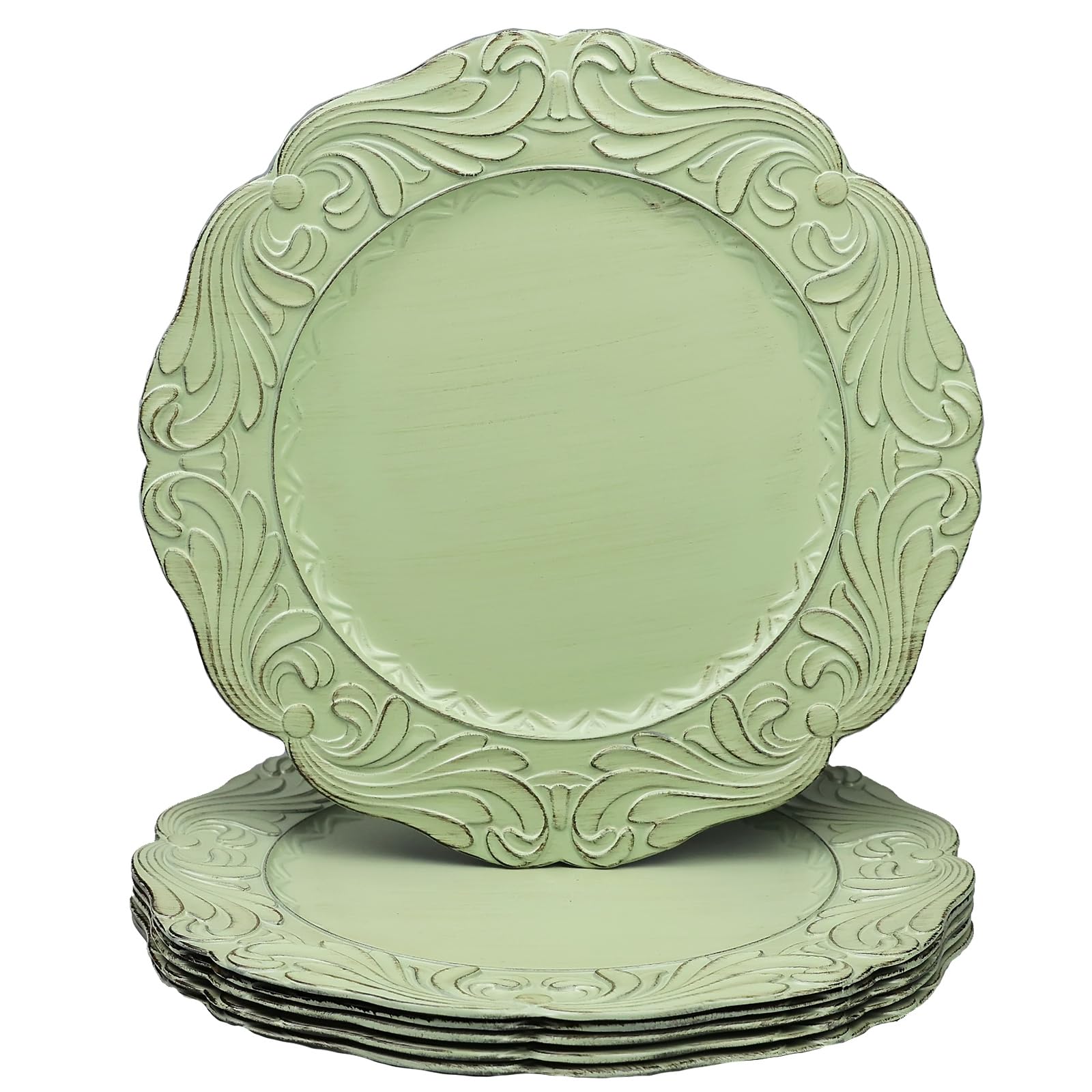 Leemxiiny Antique Green Charger Plates with Embossed Edge, Plastic Flora Decorative Chargers for Dinner Plates Set of 6 Bulk Wedding for Table Setting, Party, Holiday