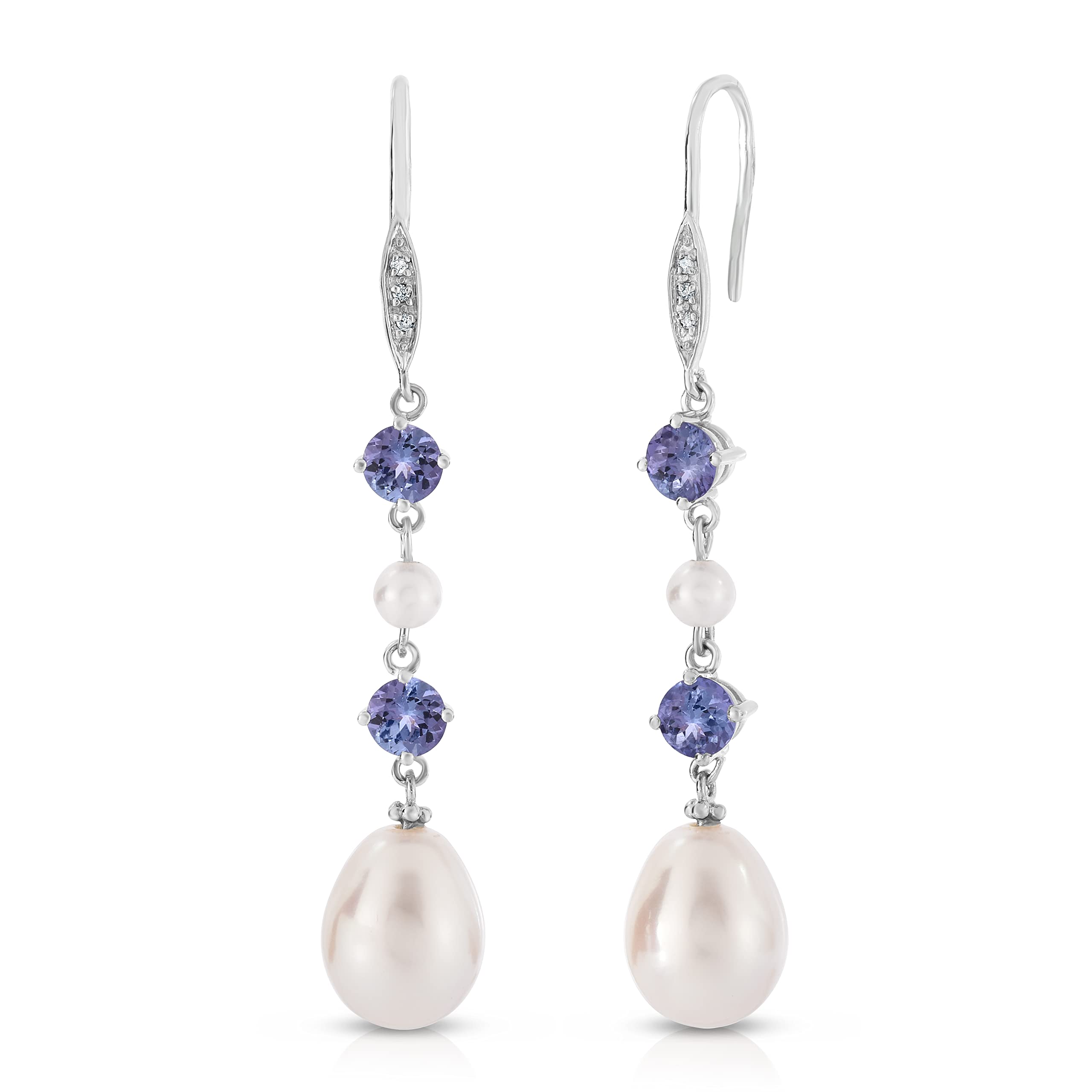KOKAV Freshwater Pearl with Genuine Tanzanite and Diamond Dangle Earrings in 925 Sterling Silver