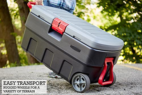 Rubbermaid ActionPacker 35 Gal Wheeled Lockable Storage Bin with Lid, Heavy-Duty Water Repellent Industrial Container with Built-In Durable Wheels, Great Tool Organizer, Truck Bed Storage, and More