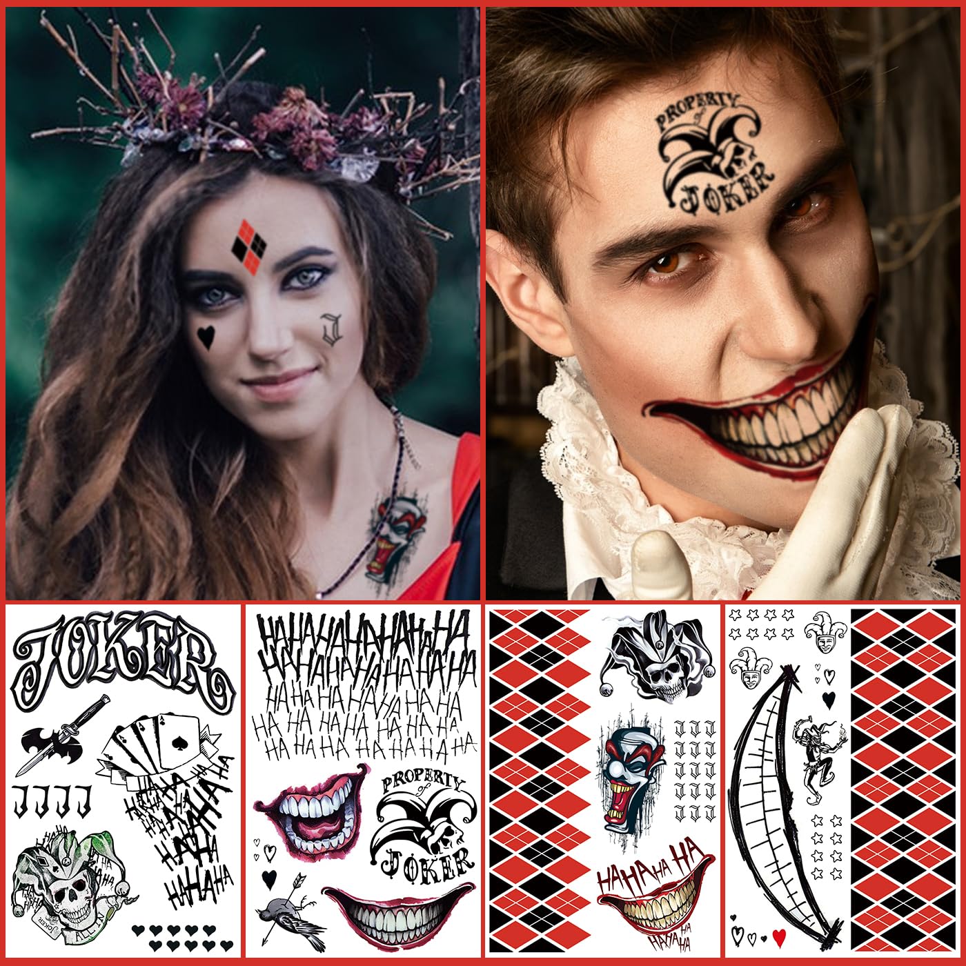 Joker Tattoos Suicide Squad Stickers, 4 Sheets Halloween Temporary Tattoos Hand Face Makeup Kit, Death Skull Smile Face
