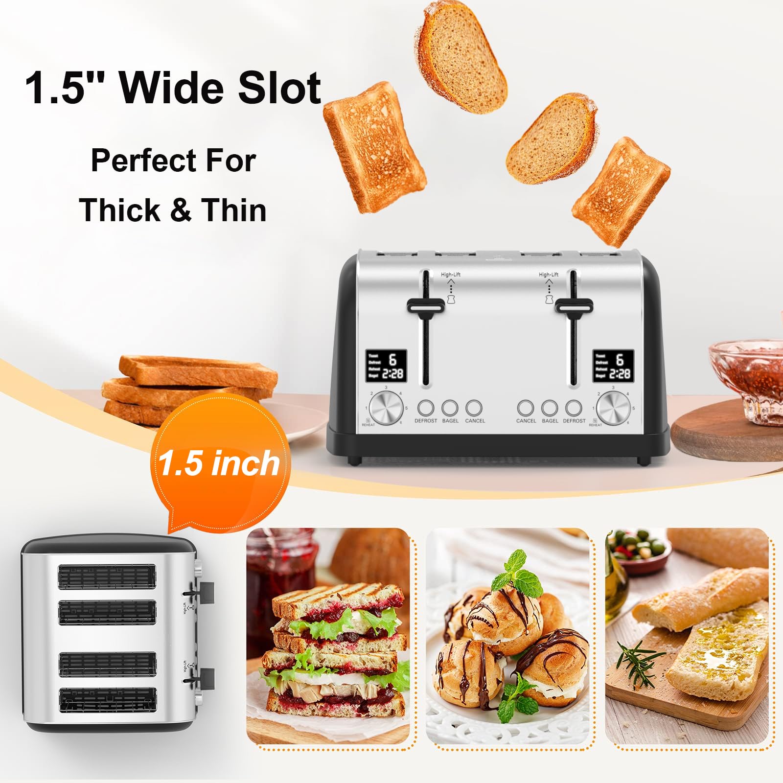 Toaster 4 Slice,Ultra-Clear Led Display, Dual Control Panels With Independent Settings,Retro Stainless Steel Toaster Wide Slot for Waffles, 4 Slice Toaster with Bagel LainstenT-5057D (Black)