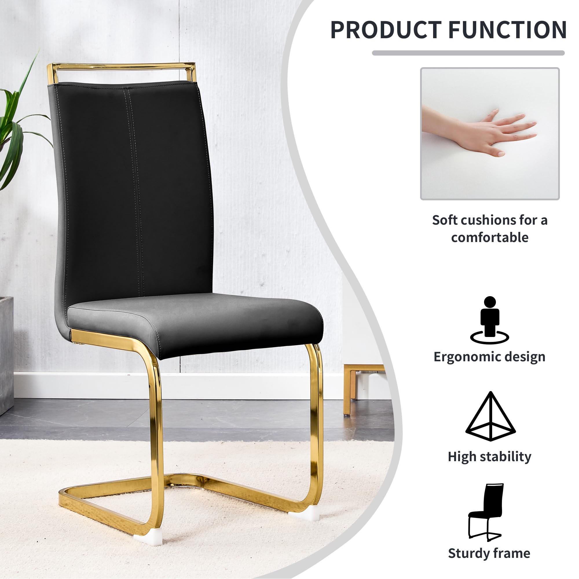 HAIZAO 63 inch Marble Dining Table Set for 8, Black Marble Grain Finish Tabletop Dining Table with MDF Base, PU Faux Leather Chairs with Golden Metal Legs, for Dining Room Kitchen, Black