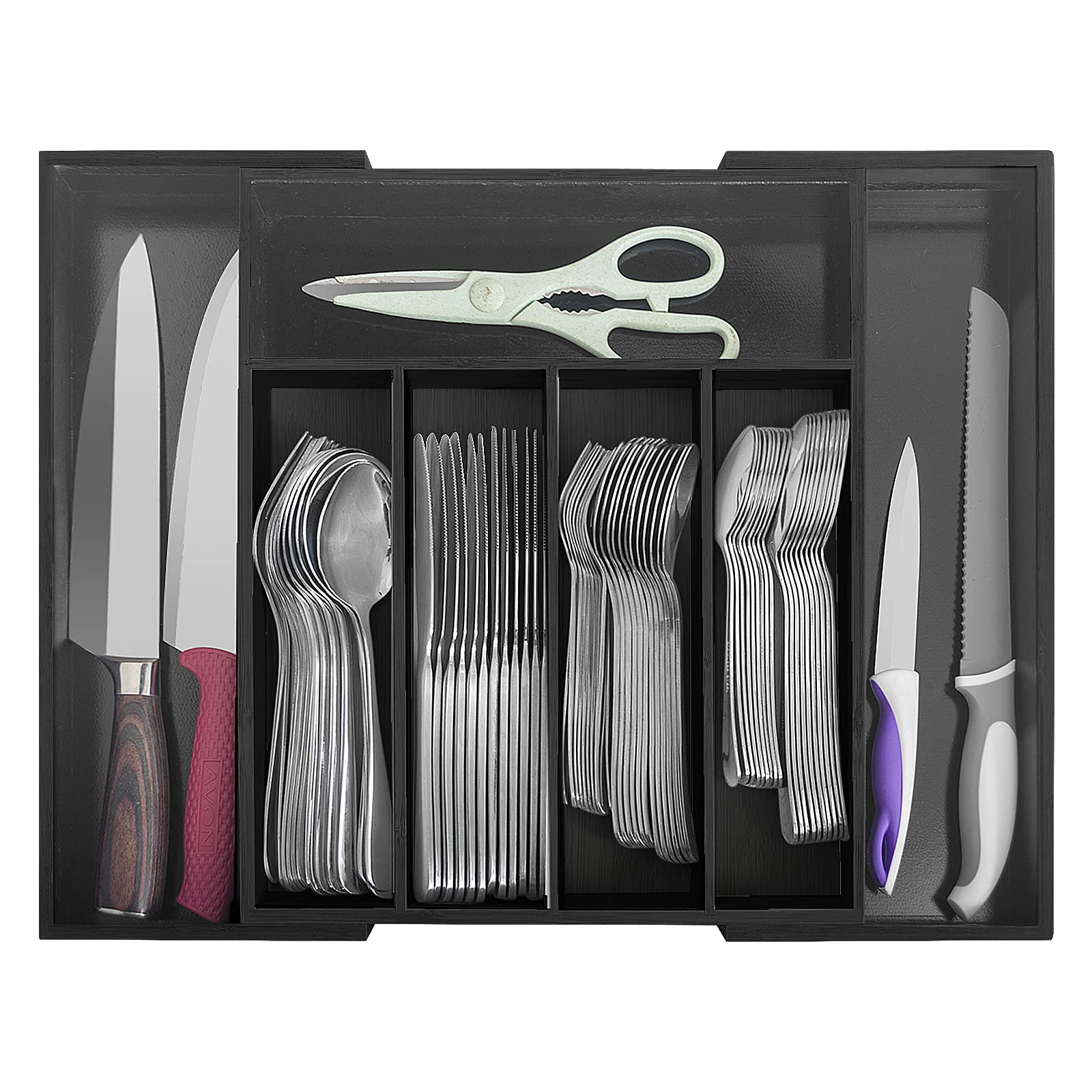 KMYC Silverware Utensil Organizer For Kitchen Drawers,Flatware Cutlery Collection Tray,Bamboo Kitchen Drawer Foldable And Expandable(Black)