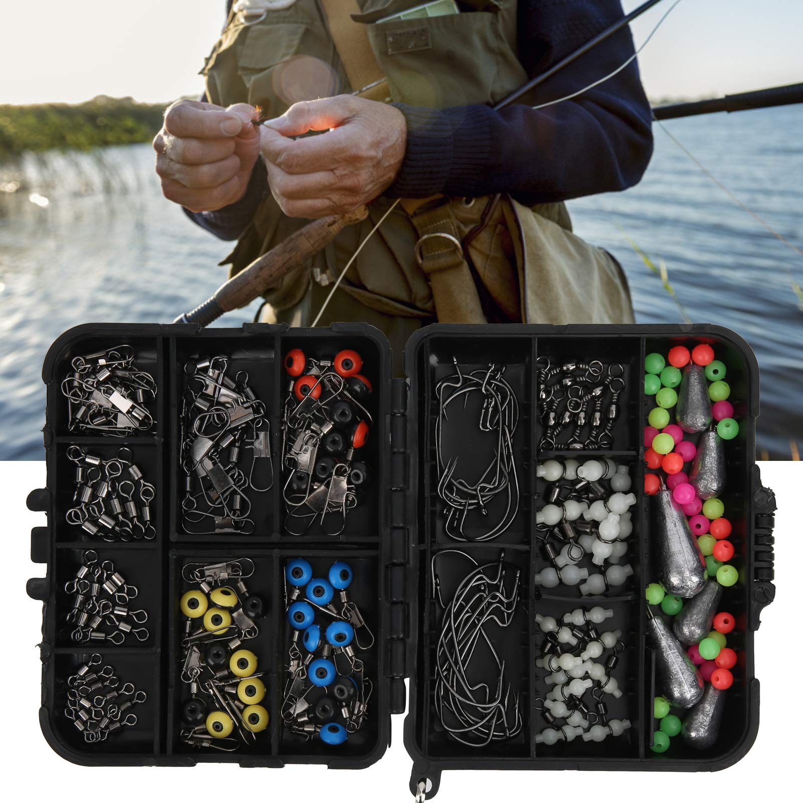 KOSDFOGE Multifunctional Fishing Accessories Kit, Portable Plastic Fishing Bait Set with Tackle Box Including Hooks, Swivel Joint, Snap, and Other Tools