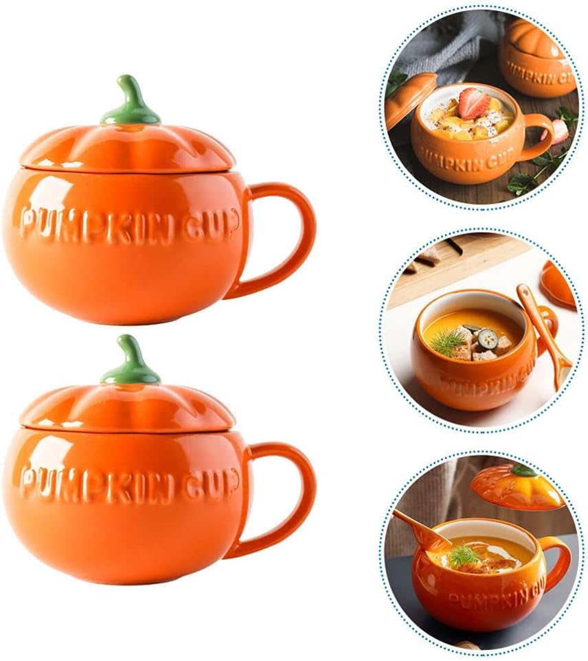 Luxshiny 2 Pcs Pumpkin Ceramic Soup Bowl Porcelain Pumpkin Shape Sugar Dessert Bowl with Lid Ceramic Dinnerware for Halloween