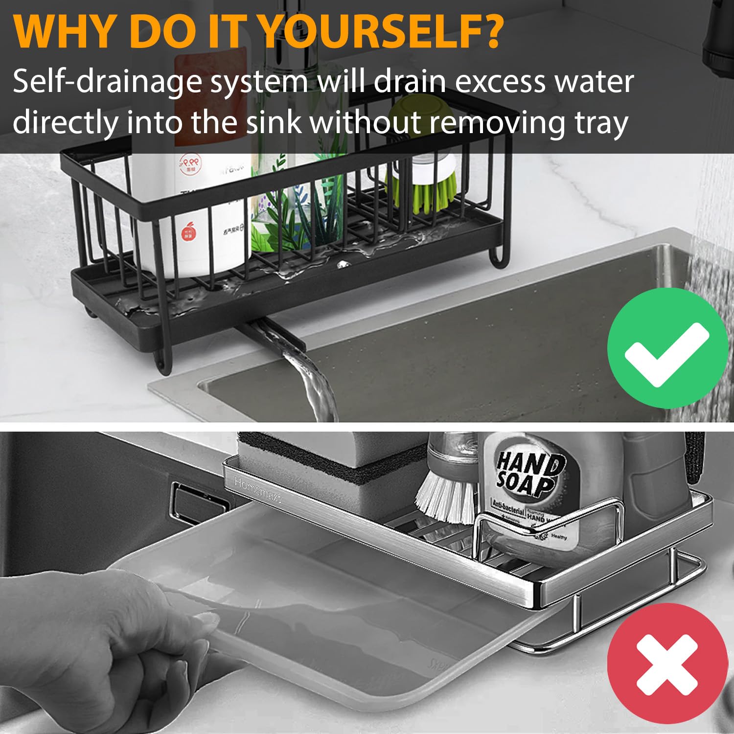 KSEV Sink Caddy with Adjustable Auto Spout Drain Pan, (Stainless Steel Rustproof) Kitchen Countertop Sink Organizer Rack Storage Holder with Divider for Countertop Sponge Soap Brush Dispenser (Black)
