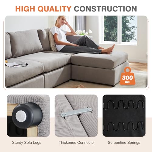 Sweetcrispy Convertible Modular Sectional Sofa, 7 Seat Sectional Couches for Living Room, U-Shaped Modern Fabric Modular Sofa Sleeper with Double Chaise for Home, Apartment, Dorm, Grey