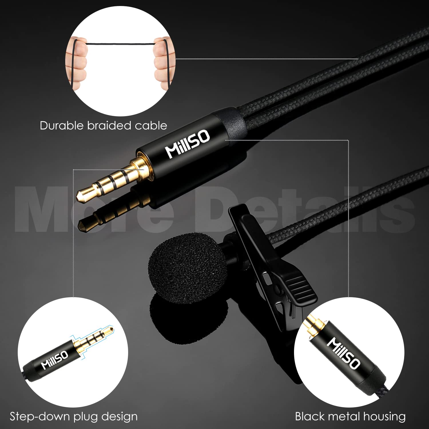 MillSO Lavalier Clip-on Microphone W11 Omnidirectional 3.5mm TRRS Mini Wired Lapel Microphone for PC, Smartphone, YouTube, Interview, Teaching, Recording - 4ft/1.2m