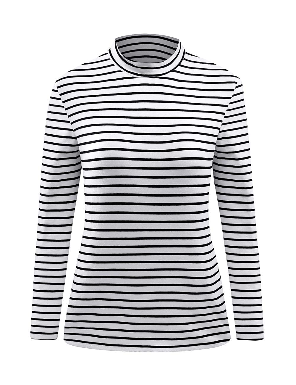 LilyCoco Women's Striped Shirt Mock Neck Tops Long Sleeve Casual Basic T-Shirts Red Black Stripe Small