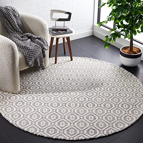 Safavieh Marbella Collection Area Rug - 6' Round, Grey & Ivory, Handmade Geometric Wool, Ideal for High Traffic Areas in Living Room, Bedroom (MRB325F)