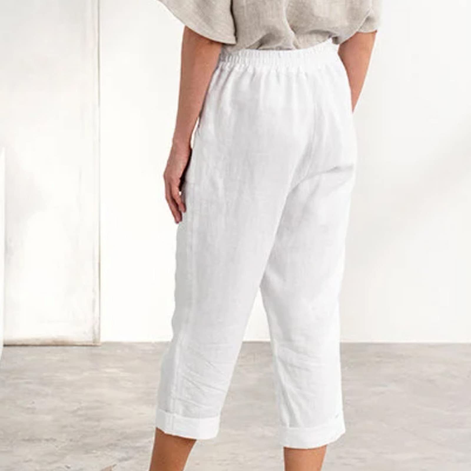 Mackneog Crop Lightweight Women's Printed Linen Capri Pants Loose Fit Casual Loose Womens Pull On Capri Cotton Loose Fitting White