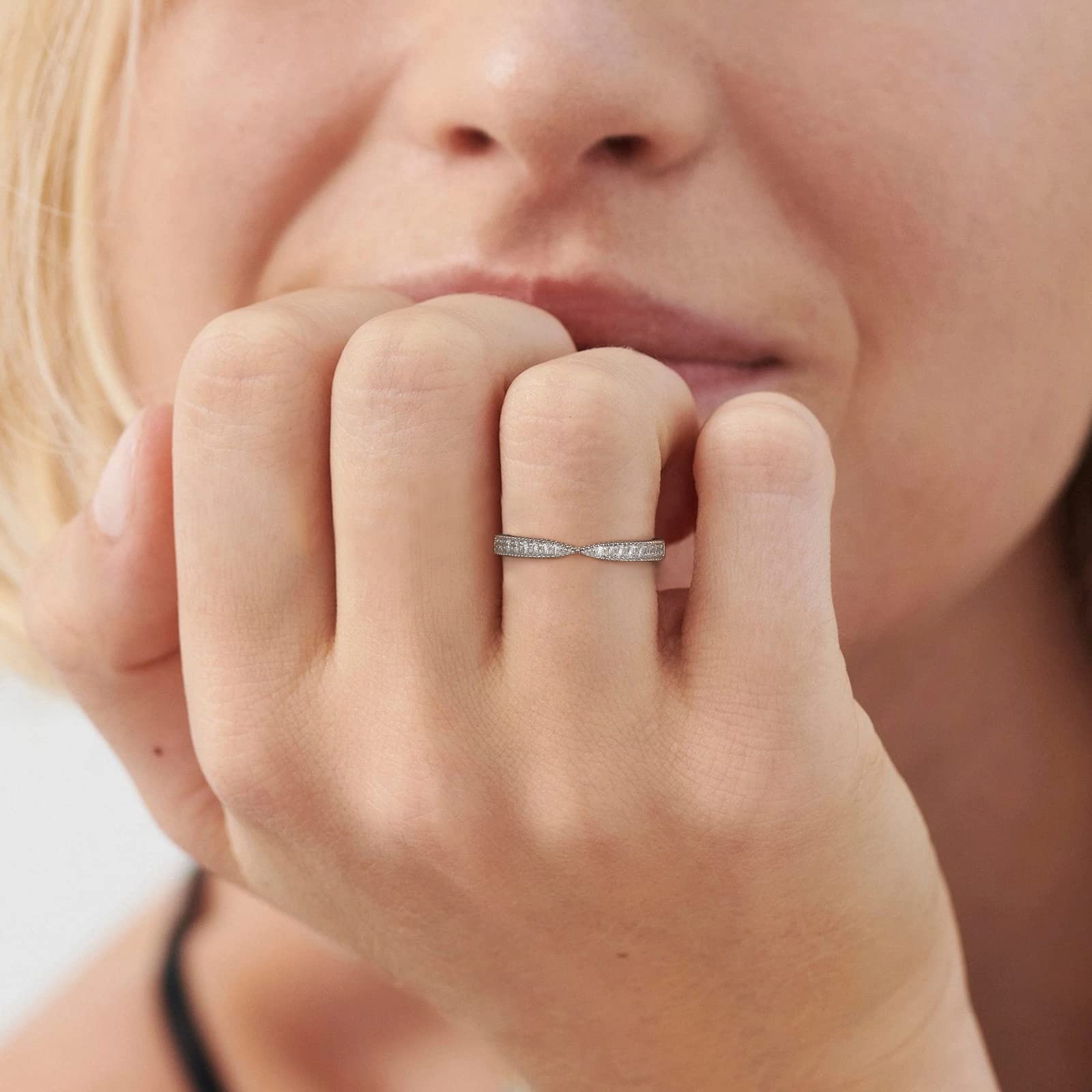 KRKC Moissanite Wedding Band, Half Eternity Rings with Lab Created Diamond, 0.33 Carat VVS1 Clarity Stone, S925 Sterling Silver Curved Stackable Ring for Promise, Anniversary and Bridal Gift (Size 8)