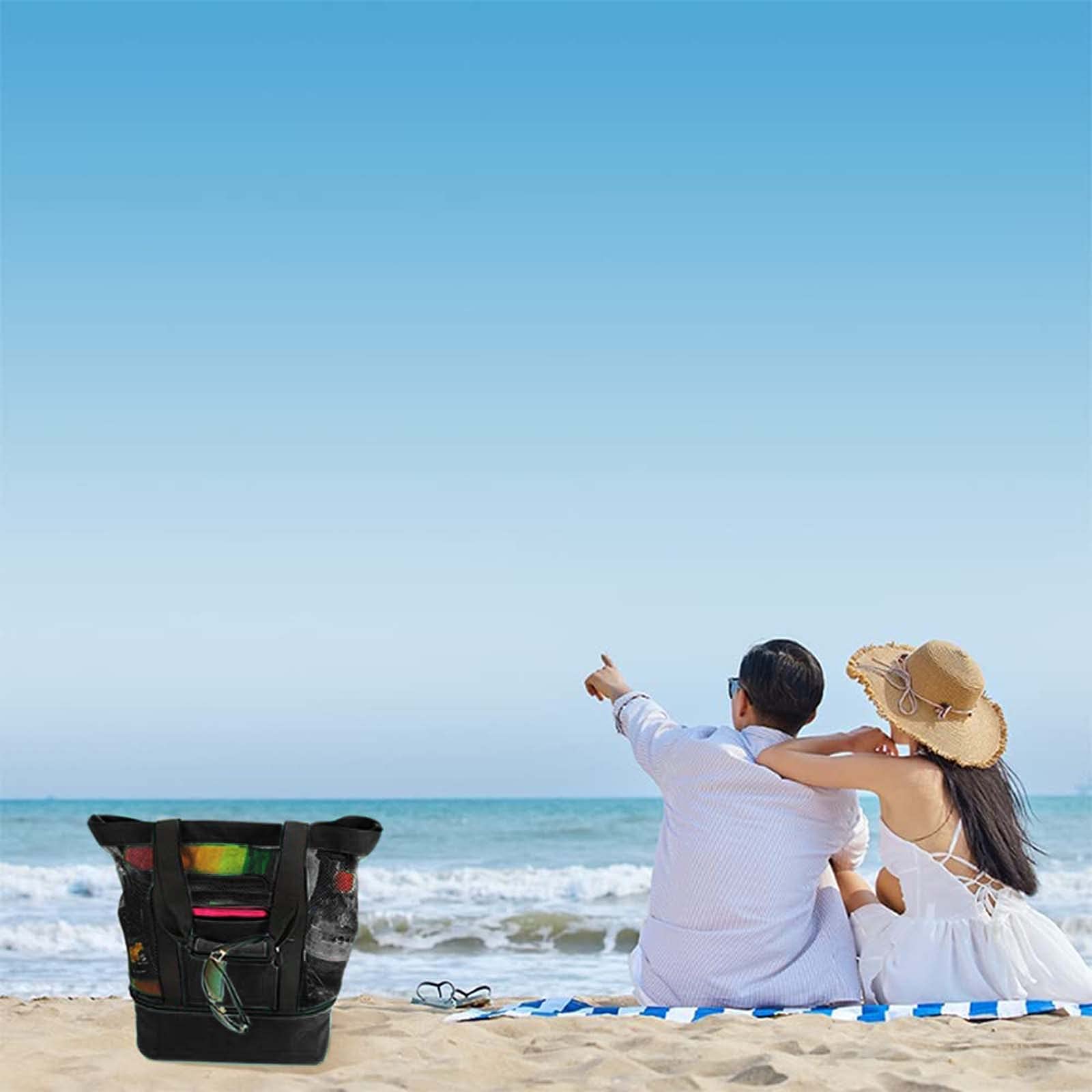 Multi-Function Picnic Thermal Preservation Bag Beach Bag Double-Layer Thermal Insulation Mesh Zipper Beach Picnic Bag (Black, 20inch x 16inch x 6inch )