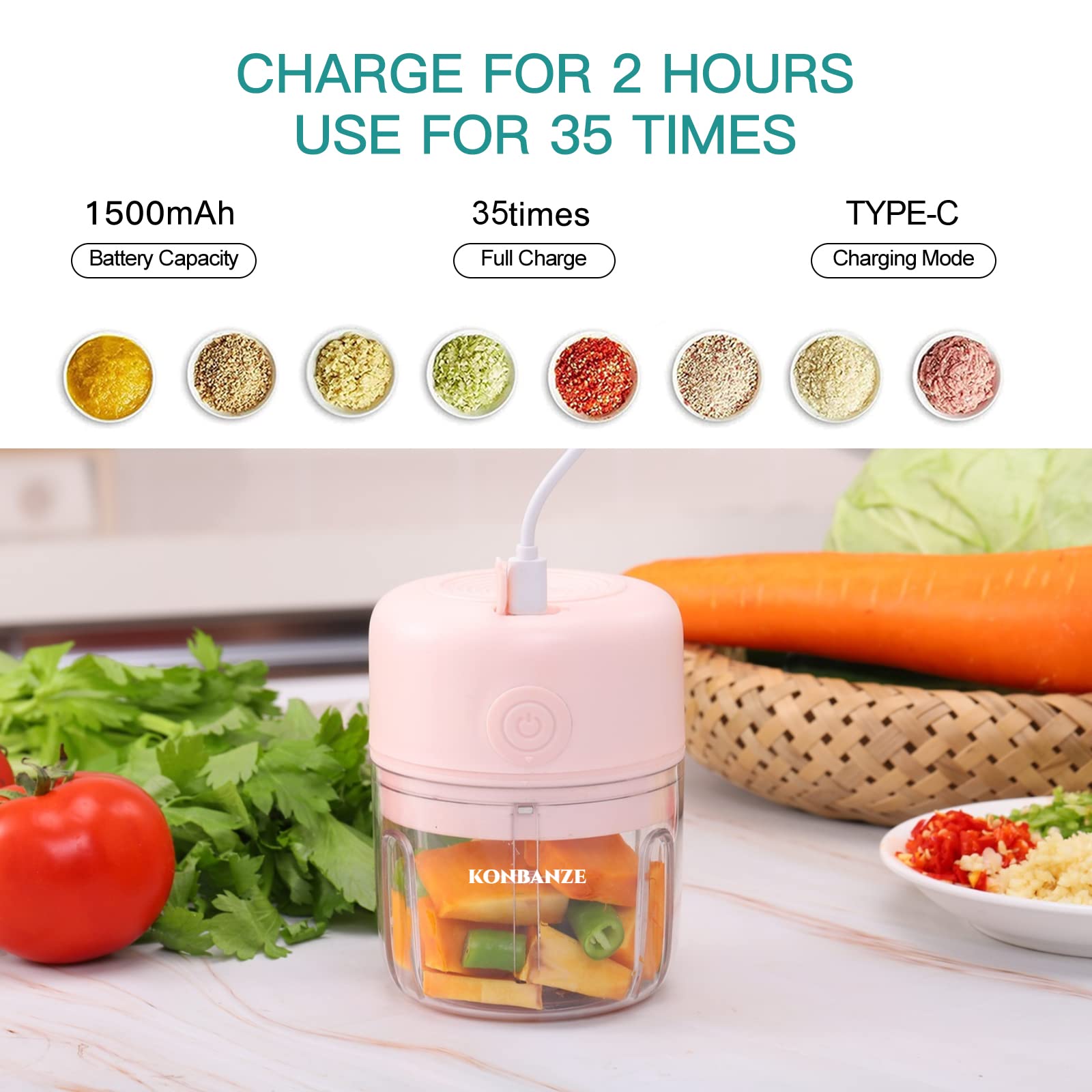 KONBANZE 2-CUP Electric Portable Mini Garlic Onion Chopper Crusher Small Food Processor Mini Food Processor Masher USB Charging Food Vegetable Cutter Kitchen Gadgets (PINK)
