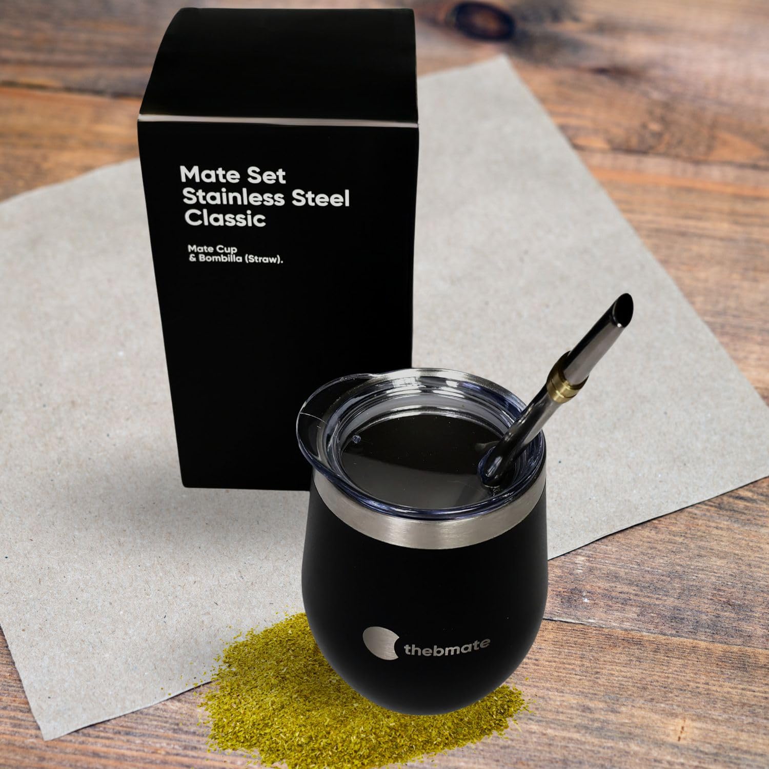 thebmate Classic Yerba Mate Set β Double Walled Stainless Steel Mate Cup β Mate Gourd with Spill Resistant Lid, Bombilla Straw and Cleaning Brush (8 oz) (Pure Black)