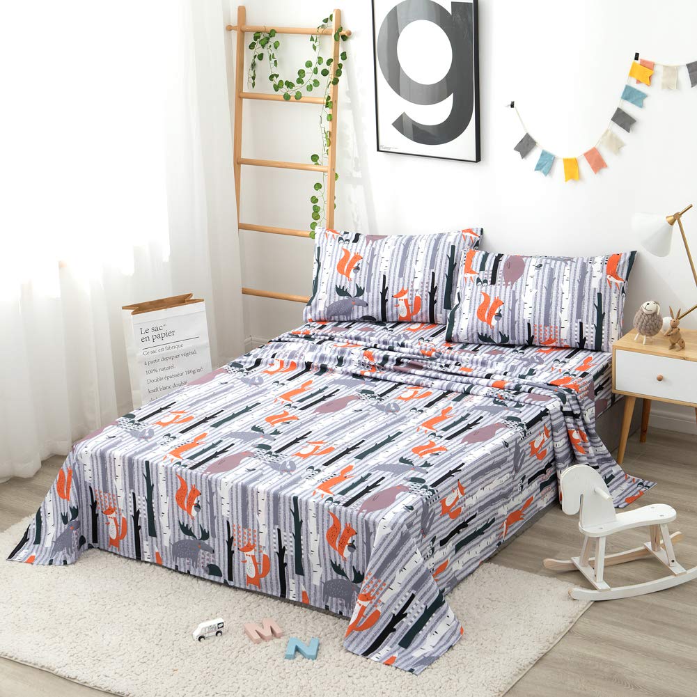 JSD Kids Printed Sheets Set Twin, Cute Forest Animals Fox Soft Microfiber Bed Sheets for Boys Girls, 3 Pieces