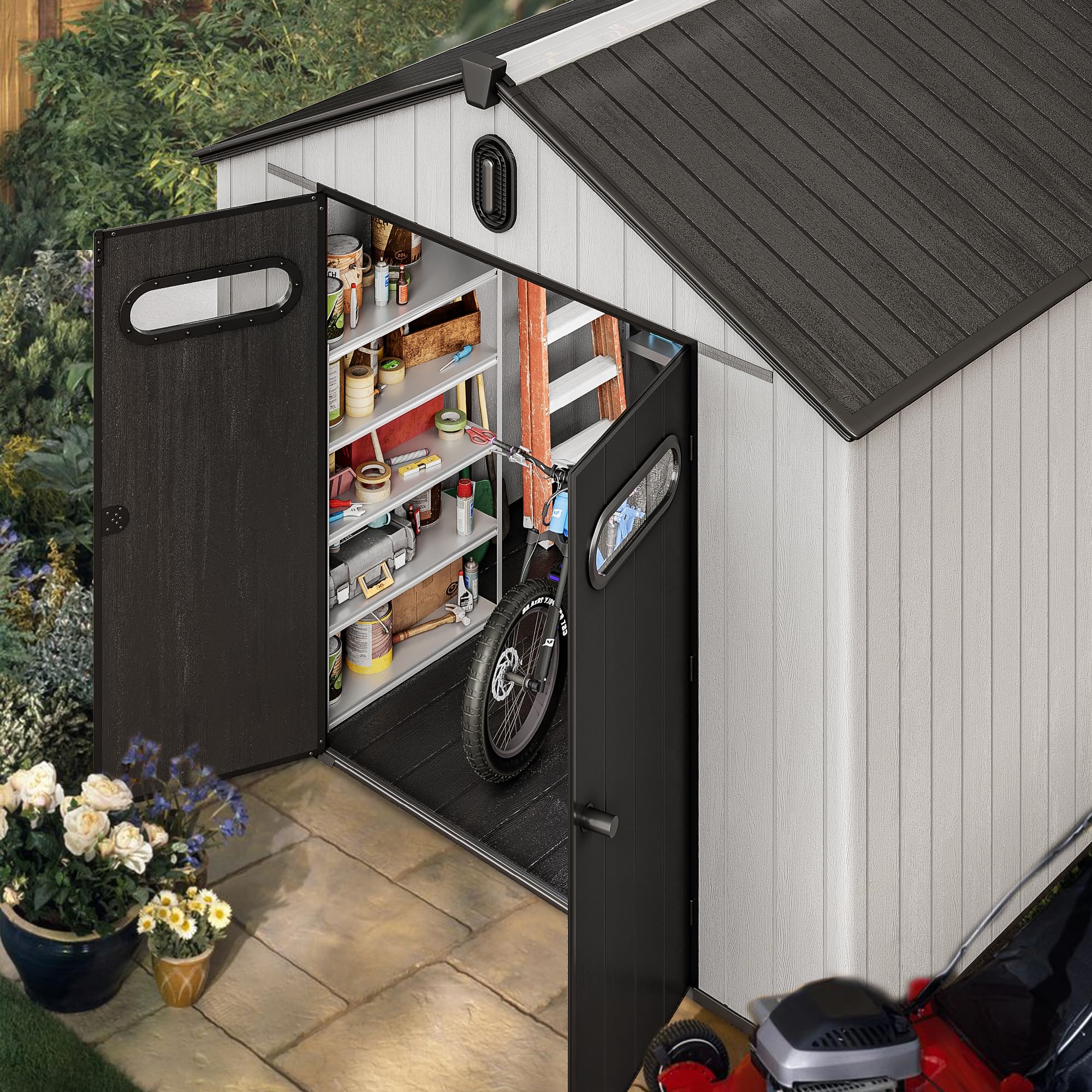 YITAHOME 8x10ft Resin Storage Structure, Outdoor 544 cuft Plastic Garden Storage Unit with Windows, Vents and Lockable Entrance, Waterproof Tool Organizer with Flooring for Lawn Equipment