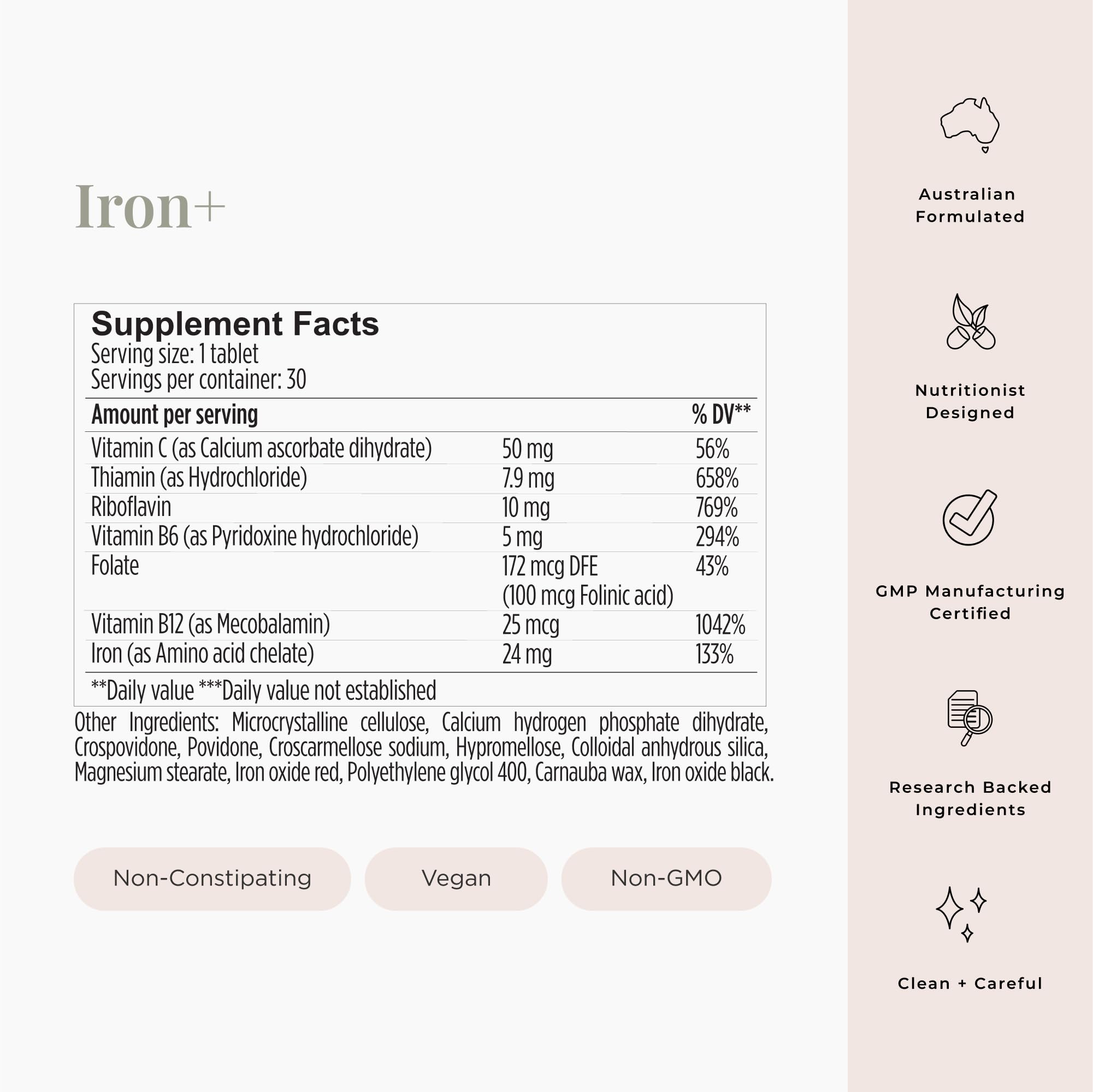 JSHealth Vitamins Iron+ Supplement for Energy Support - Iron Deficiency Pills with Vitamin C and Vitamin B12 - No Nausea or Constipation - (30 Tablets)