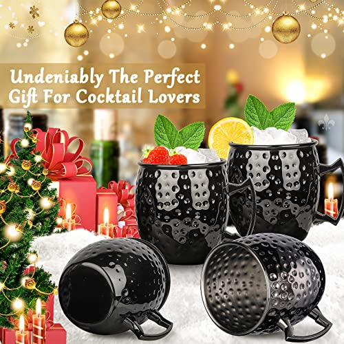 LINALL Moscow Mule Mugs- Set of 4 Gunmetal Black Plated Stainless Steel Mug 18oz, Measuring Cup, Cocktail Picks for Chilled Drinks (4pcs)