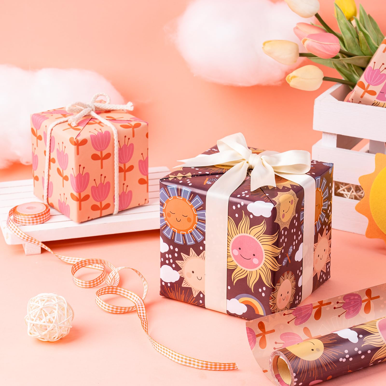 RUSPEPA Reversible Wrapping Paper Roll - Mini Roll - Sun and Flower Pattern Great for Baby Shower, Birthday, Party - 17 Inches X 32.8 Feet