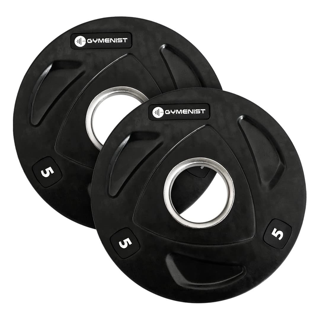 GYMENIST Premium Olympic Rubber Coated Metal Weight Plates for Men and Women ā Durable Non Slip Grip and Long-Lasting Weights Plate Gym Sets for Home and Commercial Use (5 Lb - Pair, Rubber)