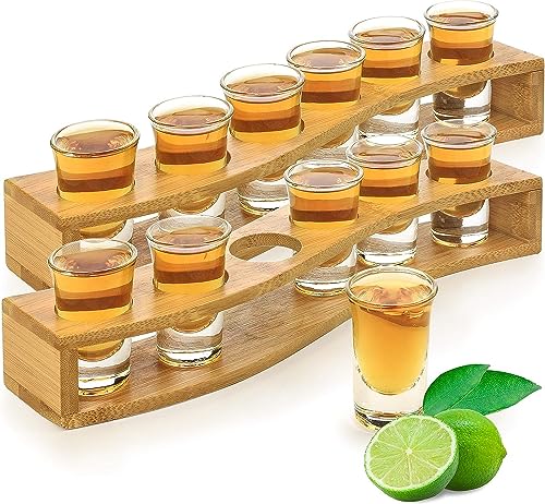 LINALL Shot Glasses 12pcs Shot Glass Set 1oz/30ml Shot Glass Holder Heavy Base for Whisky Tequila 12 Shot Glass Serving Tray (12pcs)