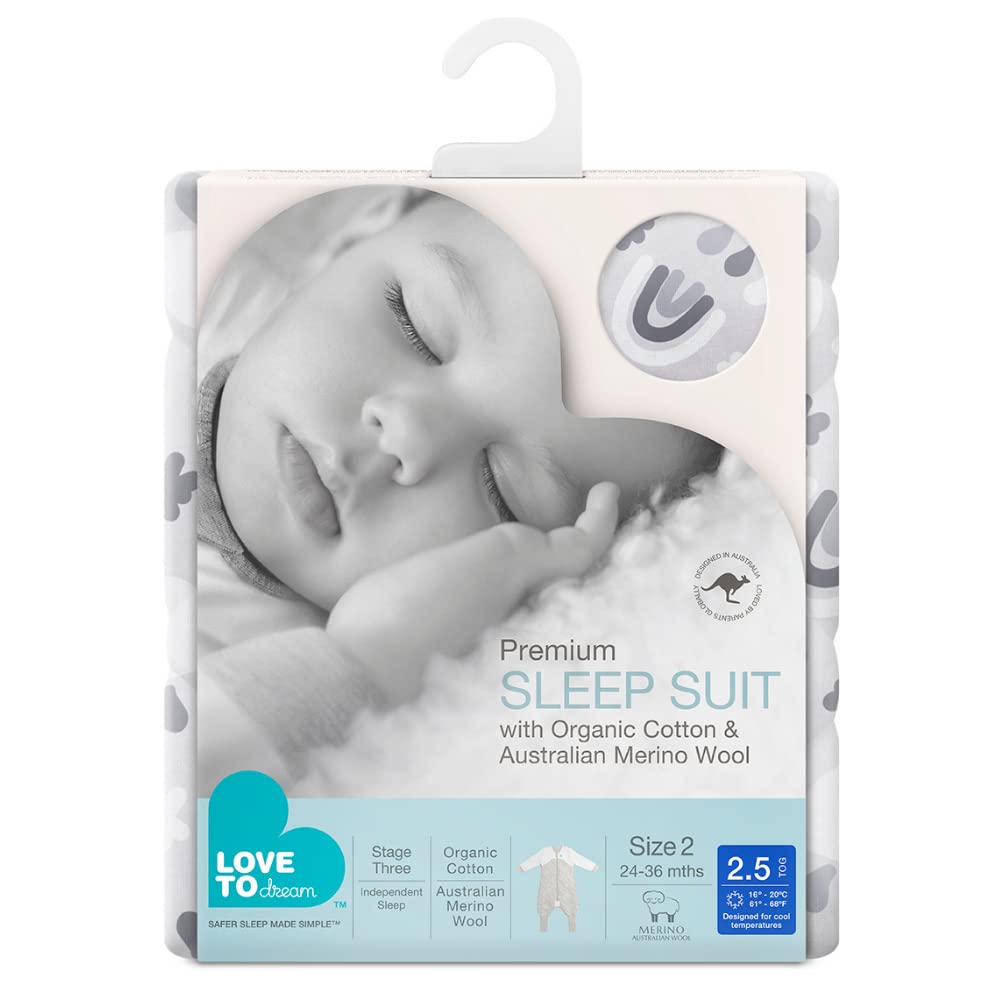 Love to Dream Organic Merino Wool Warm Toddler Sleep Suit (24-36 Mo), Super Soft Temp Regulating Sleeping Sack, 2.5TOG Warm Wearable Blanket, Gray