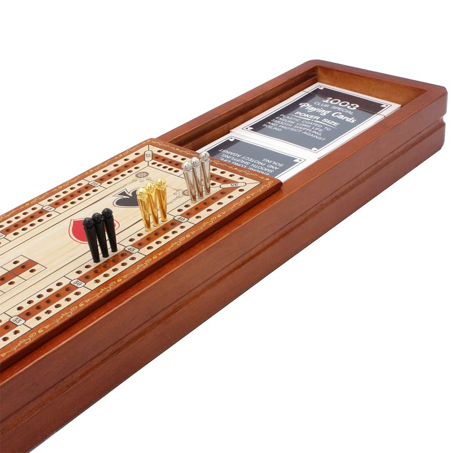 meremee Wooden Cribbgae Board Set 3 Track,9 Metal Pegs and 2 Playing Cards,Large Storage Dawer