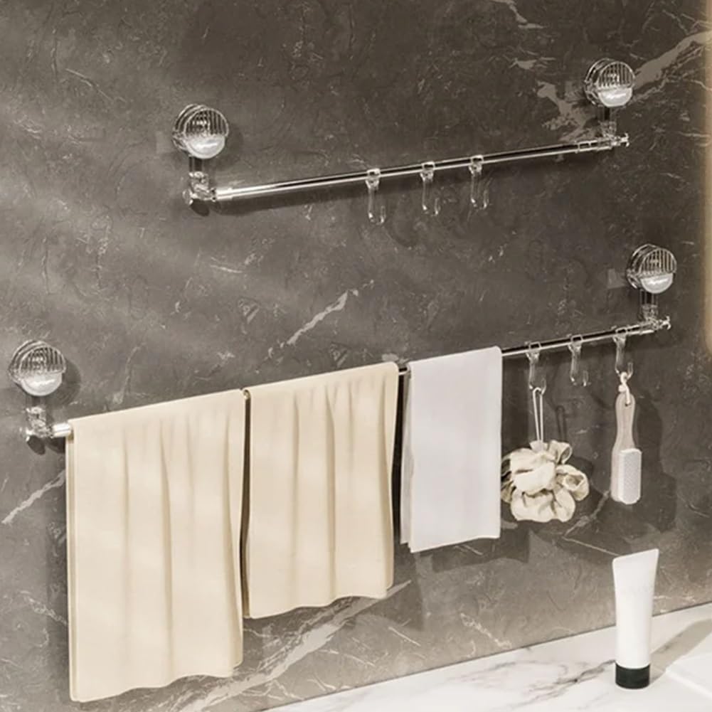 Retractable Towel Rack, Suction Cup Towel Bar with 6 Sliding Hooks, 23-47 Inch Adjustable, Removable Vacuum Suction Towel Holders, Bathroom Wall Washcloth Rack, for Kitchen, Toilet, Shower, Door(Gray)