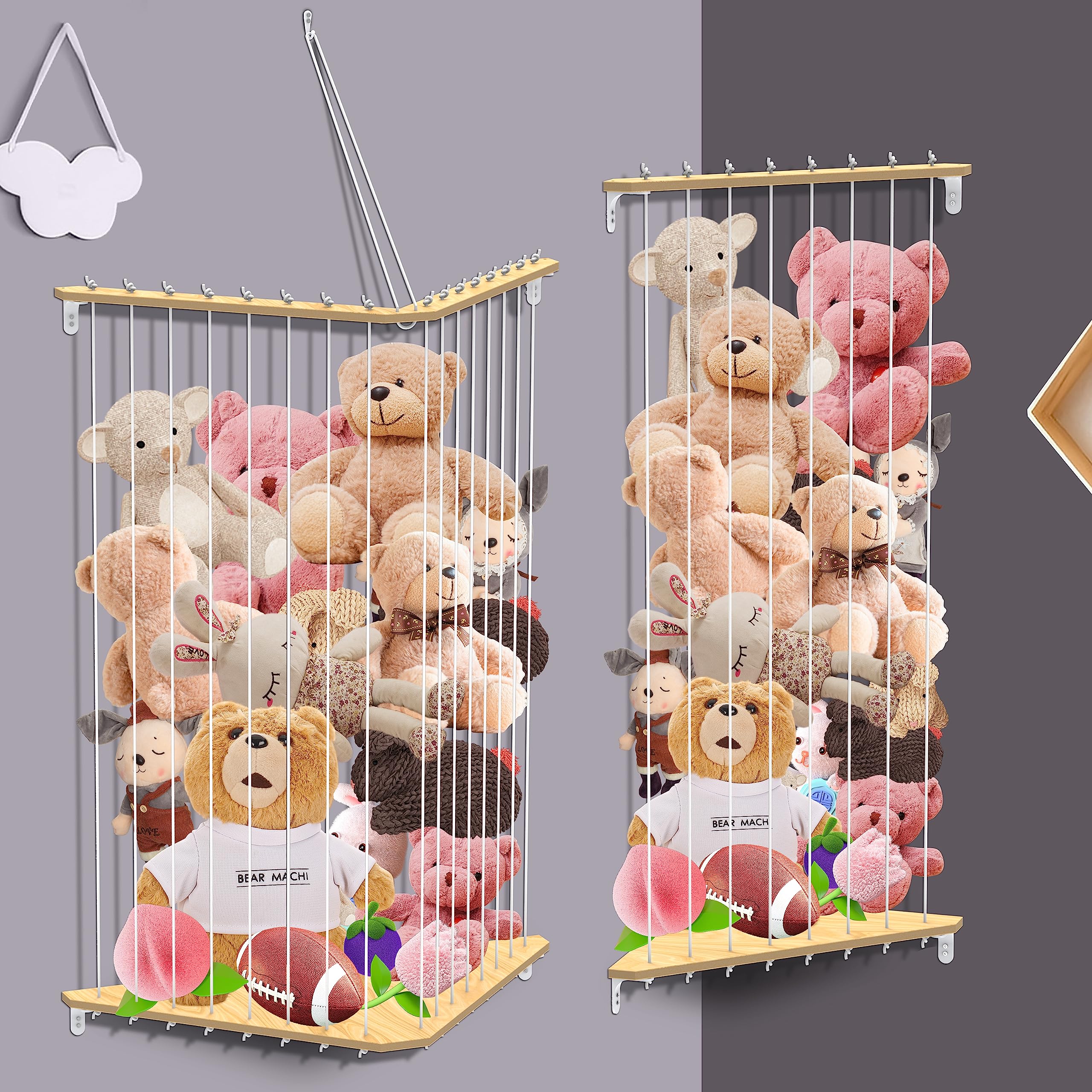 KSXLIUC Stuffed Animal Storage Wood Corner Plush Toys Holder, 2-in-1 Splice and Length Adjustable Hanging Stuffed Animal Toy Organizer Shelf for Nursery Kid Room Play Room Bedroom (2PCS)