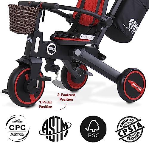 Newtronx Trixplorer-7 in 1 Foldable Toddler Tricycle Removable Push Handle, Rotatable Seat, Adjustable Canopy, Safety Harness, Storage, Basket-Tricycle for Toddlers for 1-5 Year Old (Red Heart)