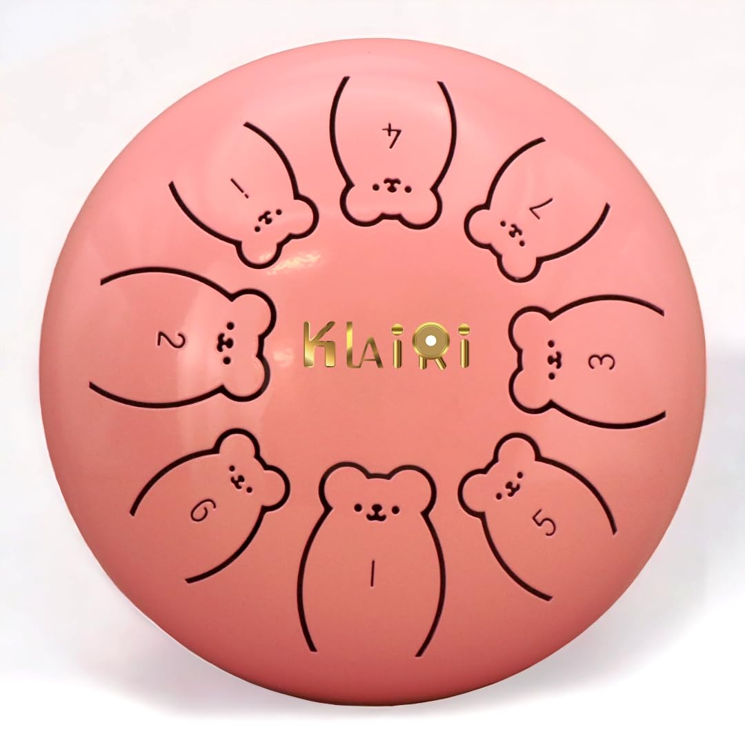 KLAIRI Ethereal Steel Tongue Drum – 8 Notes 6 Inches, Cute Bear Design, C Major Key, W Music Book, Mallets, & Carrying Pouch (Pink)