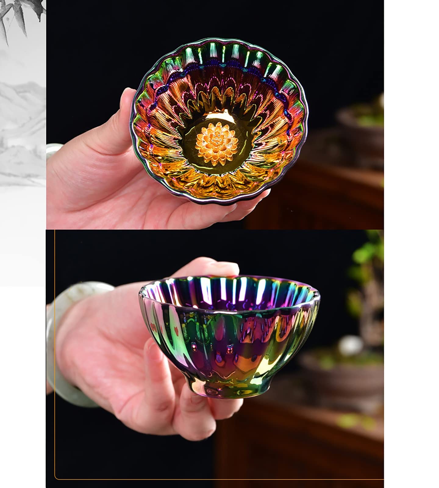 LingXuanGe Gold Lotus peacock tea cups set of 2, Beautiful Colorful Glaze Ceramic Tenmoku Tea Cup Chinese Kungfu Tea Cup (Color : Peacock)